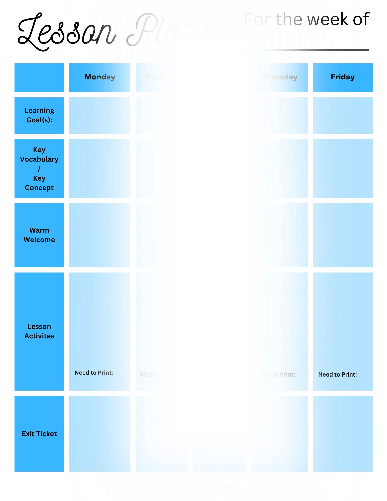 Week at a Glance Lesson Plan Template - Etsy