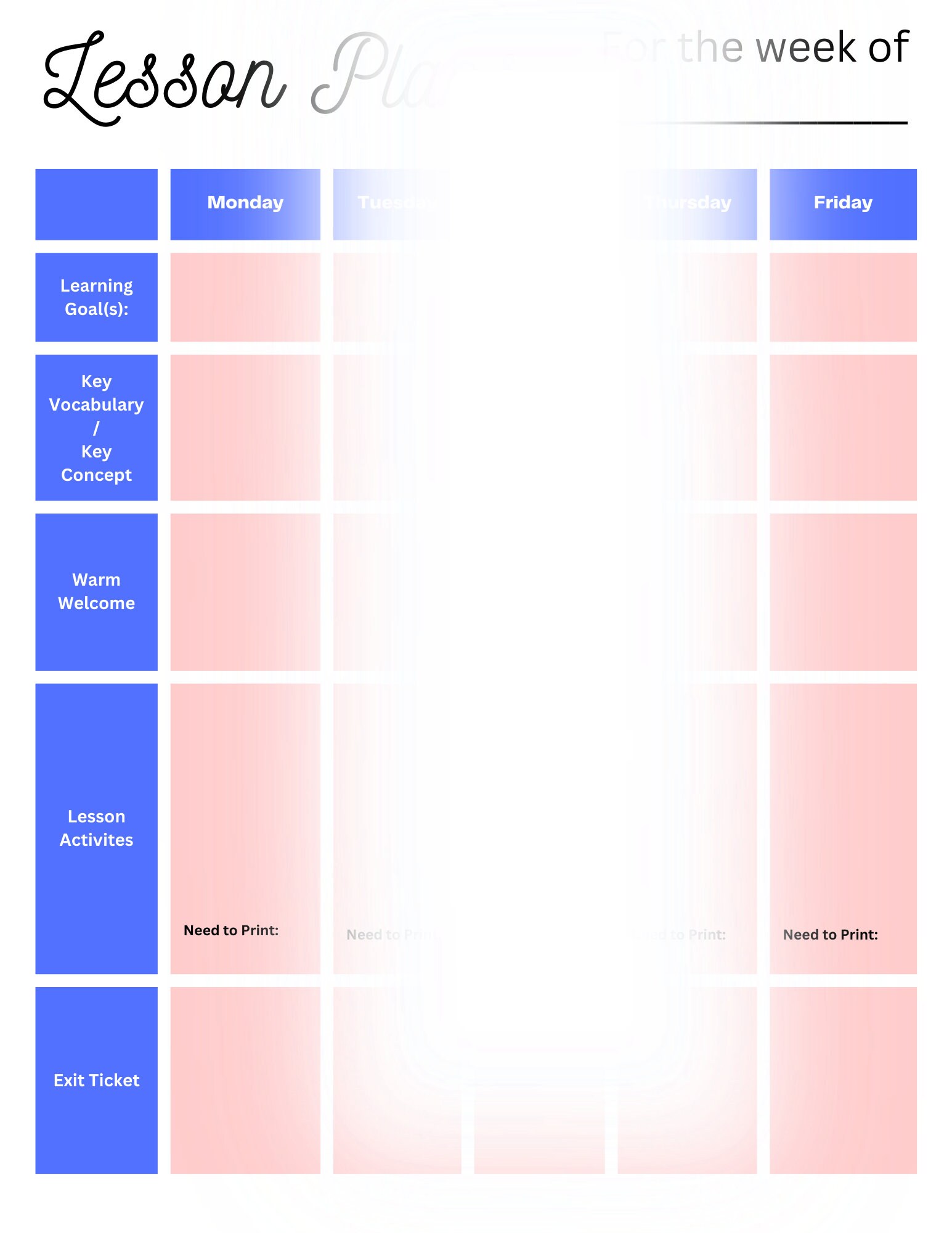 Week at a Glance Lesson Plan Template - Etsy