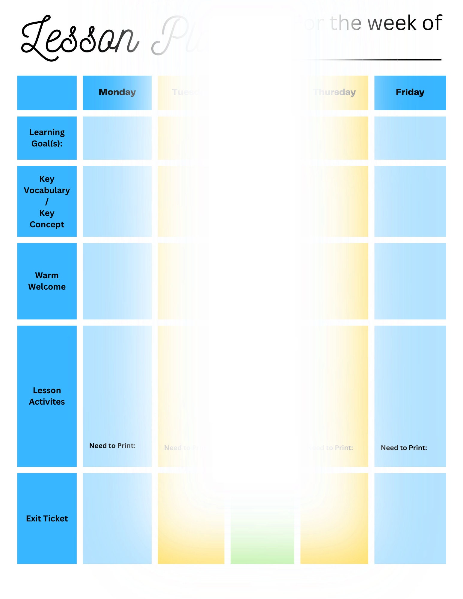 Week at a Glance Lesson Plan Template - Etsy