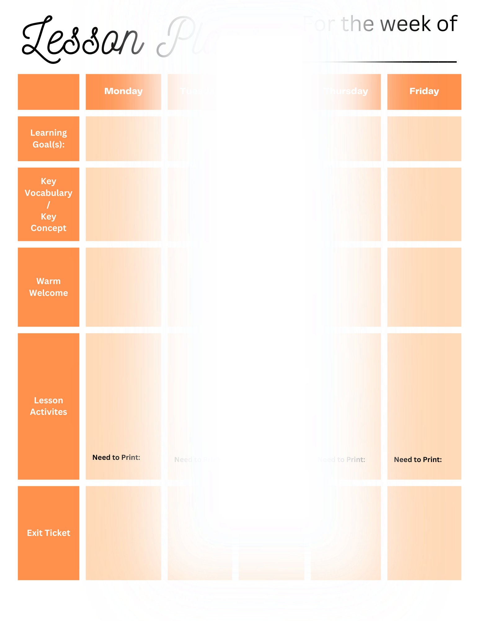 Week at a Glance Lesson Plan Template - Etsy