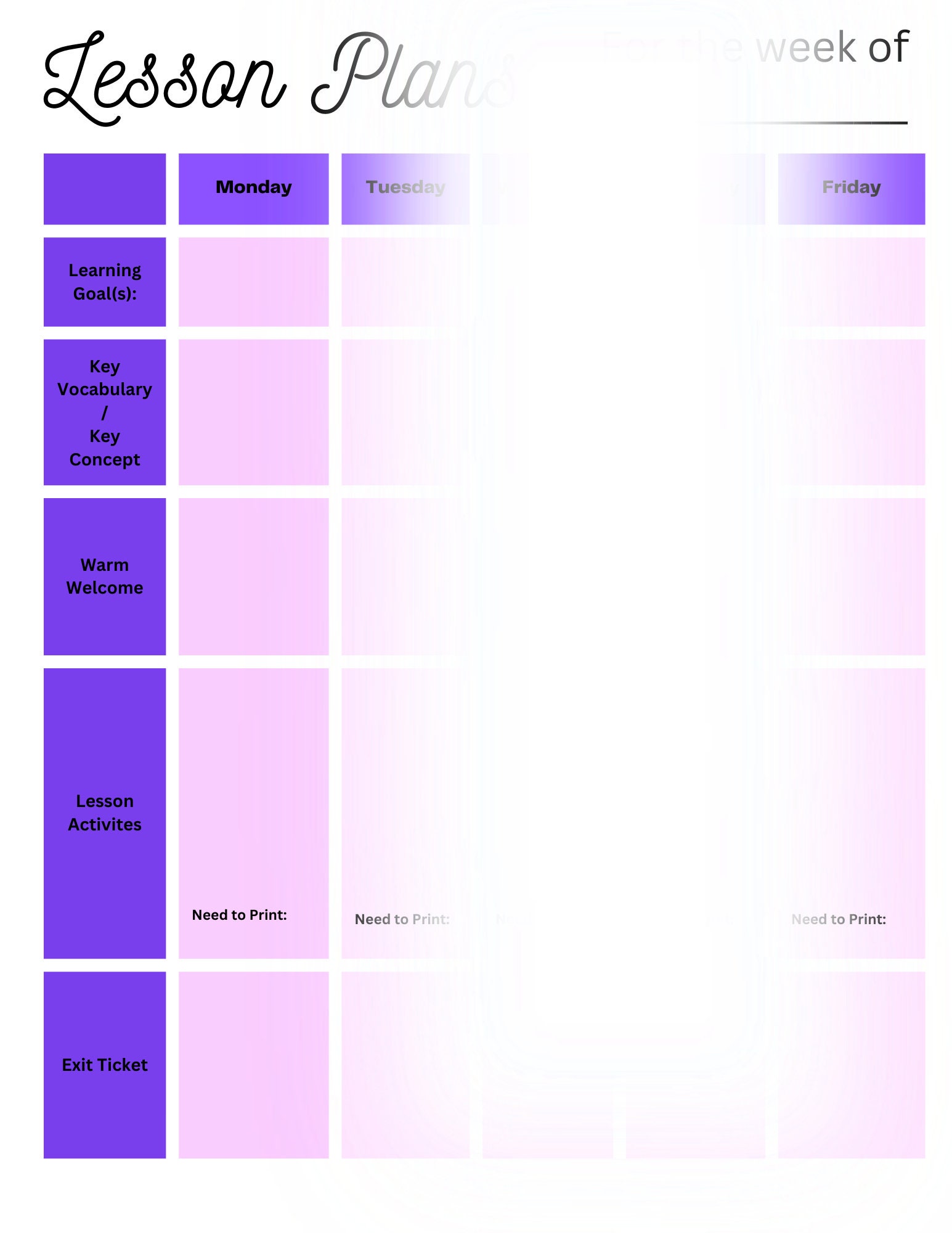Week at a Glance Lesson Plan Template - Etsy