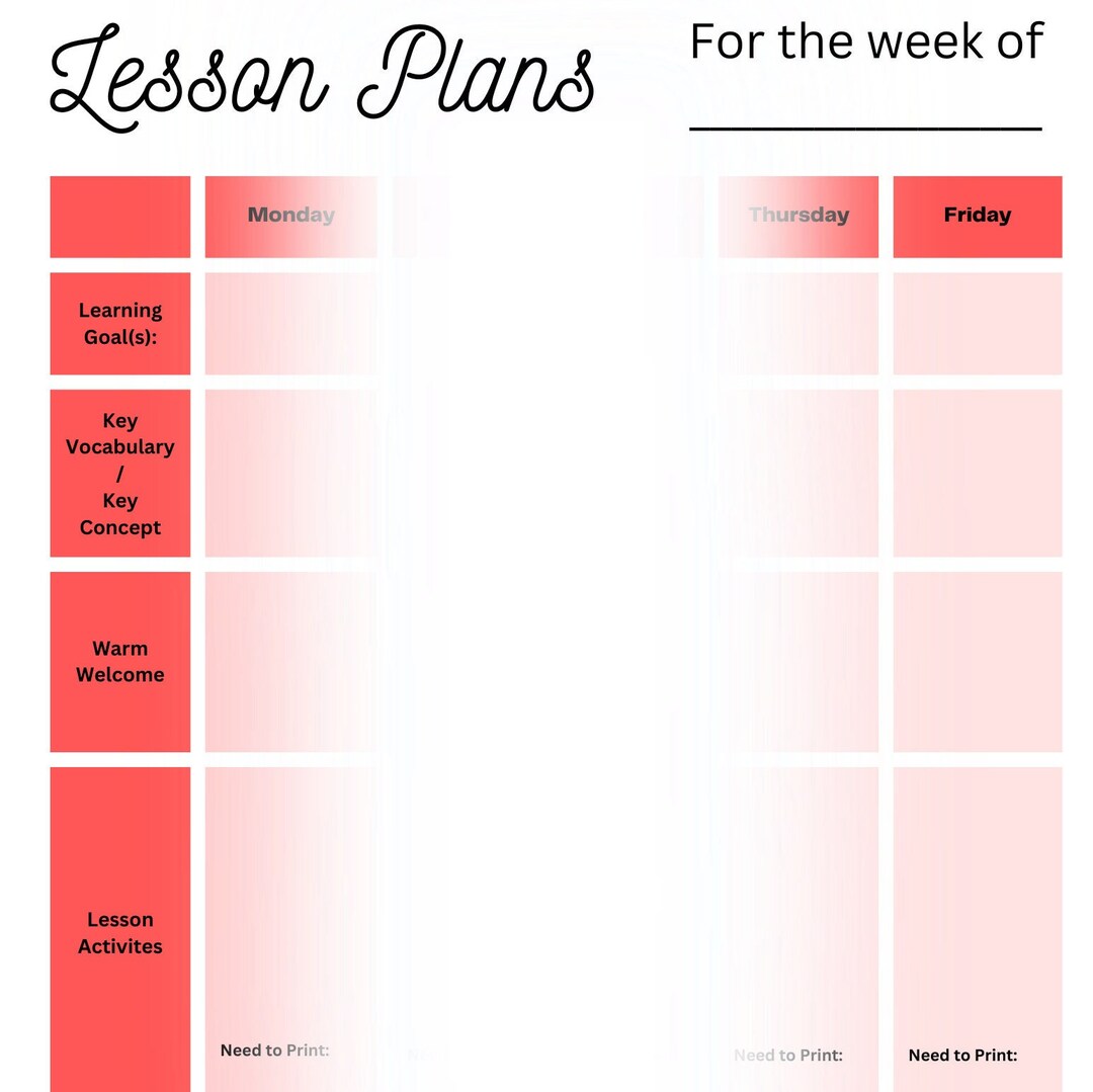Week at a Glance Lesson Plan Template - Etsy