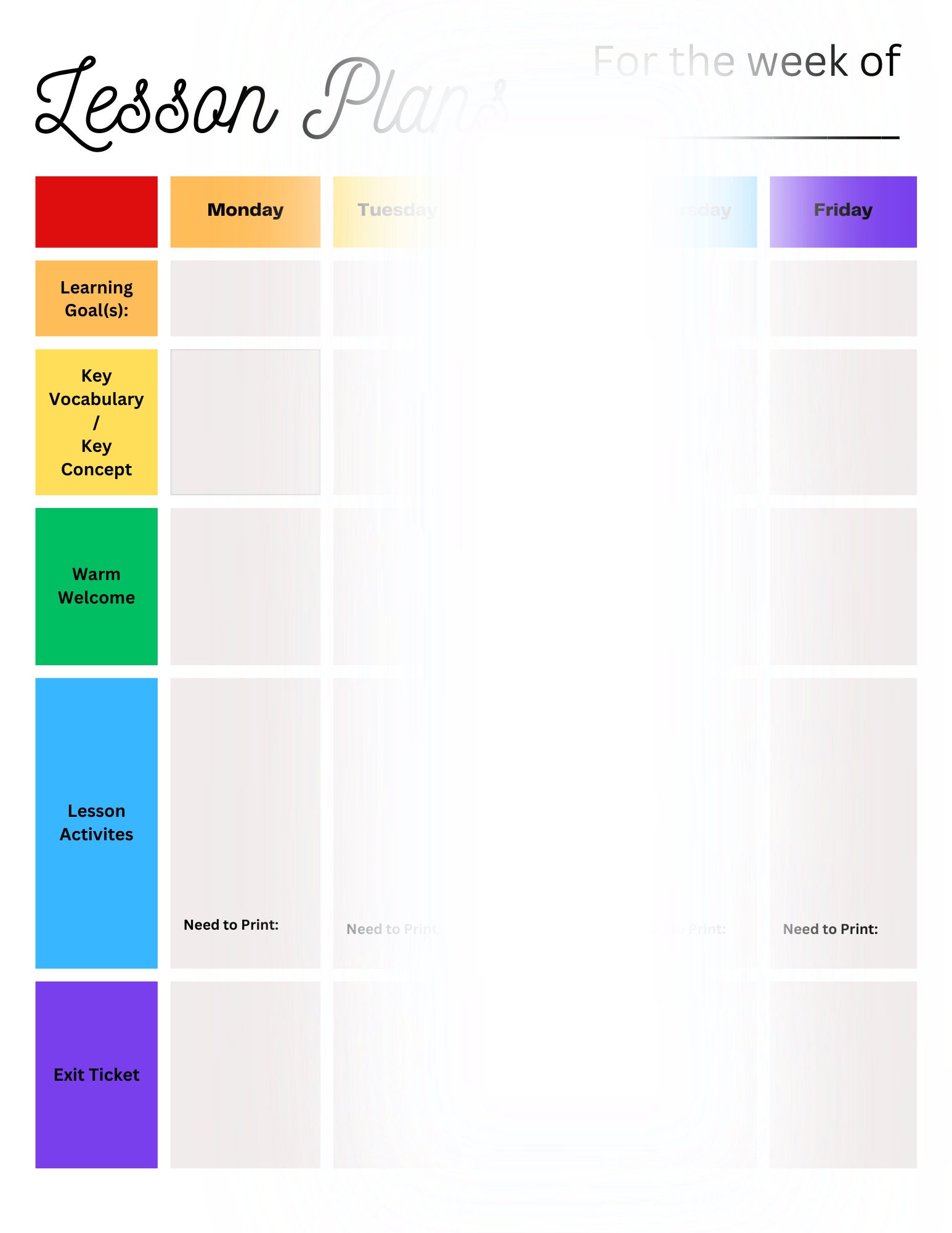 Week at a Glance Lesson Plan Template - Etsy