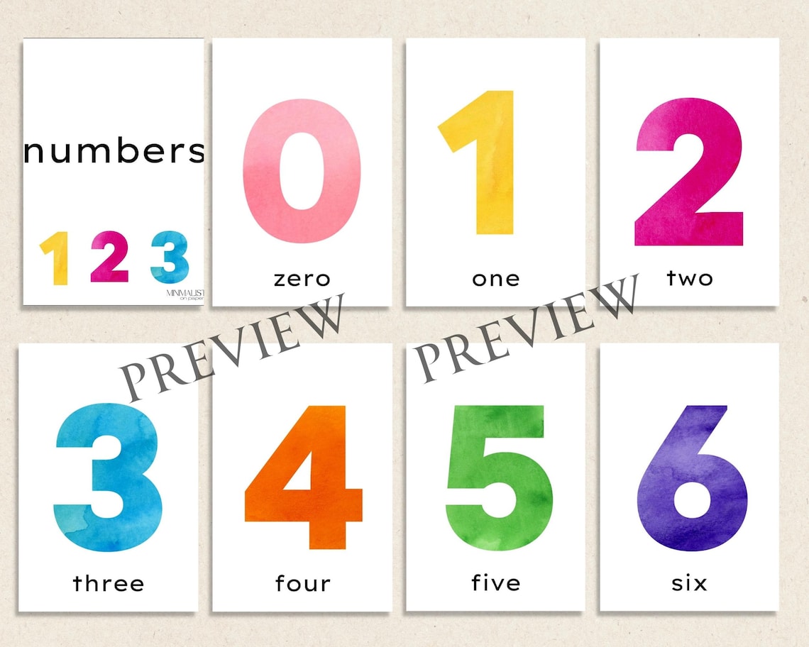 Number Flash Cards for Kids Watercolour Number Cards Printable Number ...