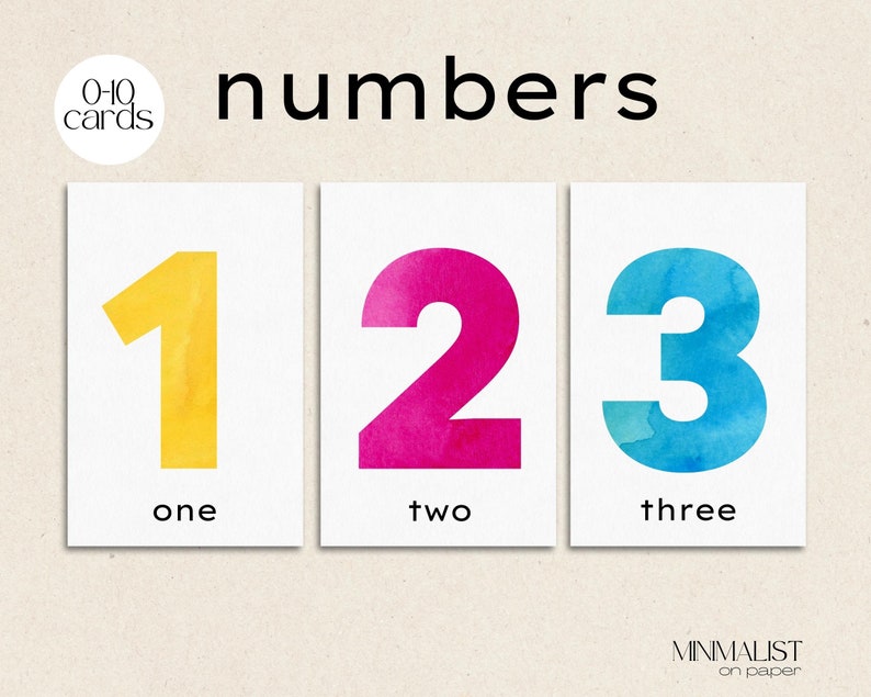 Number Flash Cards for Kids Watercolour Number Cards Printable Number ...