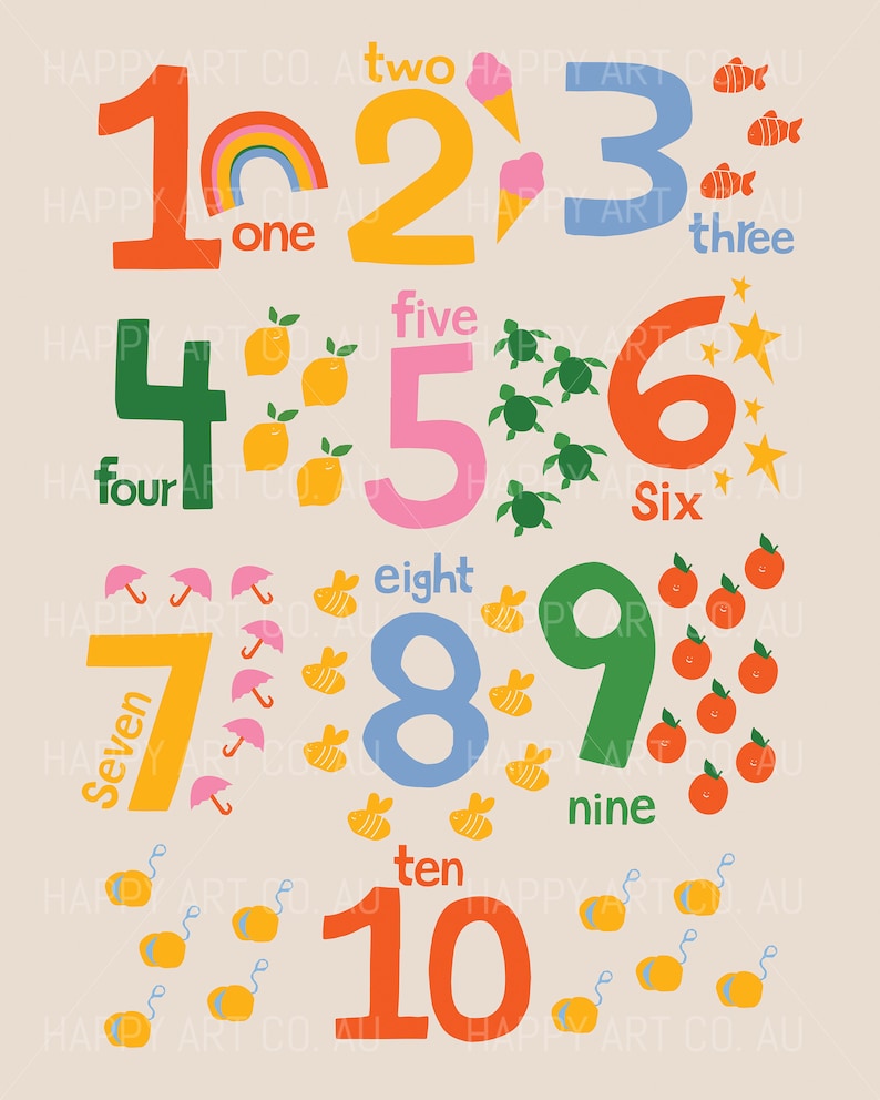 Numbers 1-10 Nursery Print: Primary Colors Educational Poster (digital ...
