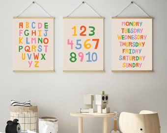 Rainbow Wall Art Set of 3 Prints Rainbow Alphabet Numbers and Days of ...