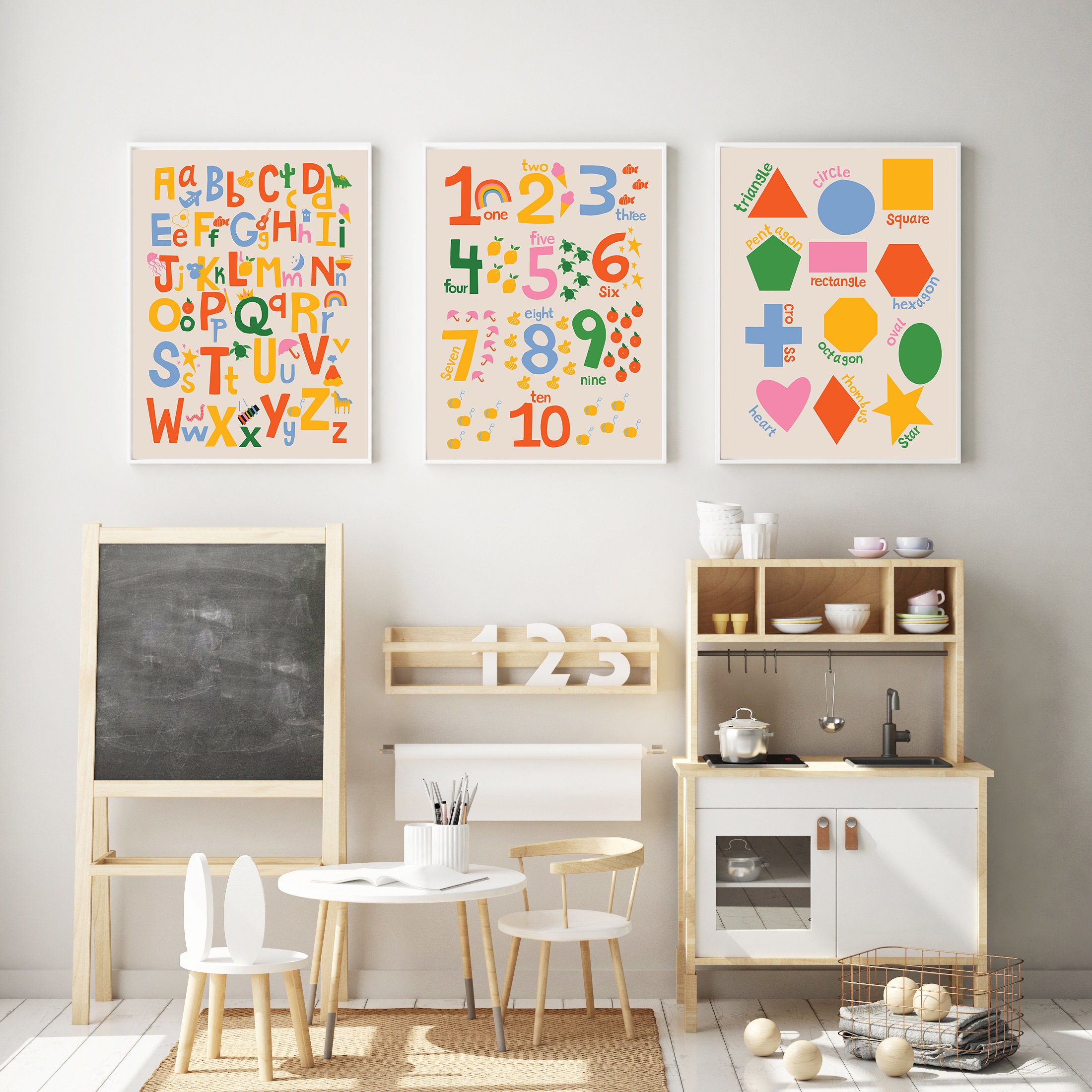 Set of 3 Educational Prints Alphabet, Numbers and Shapes Nursery Prints ...