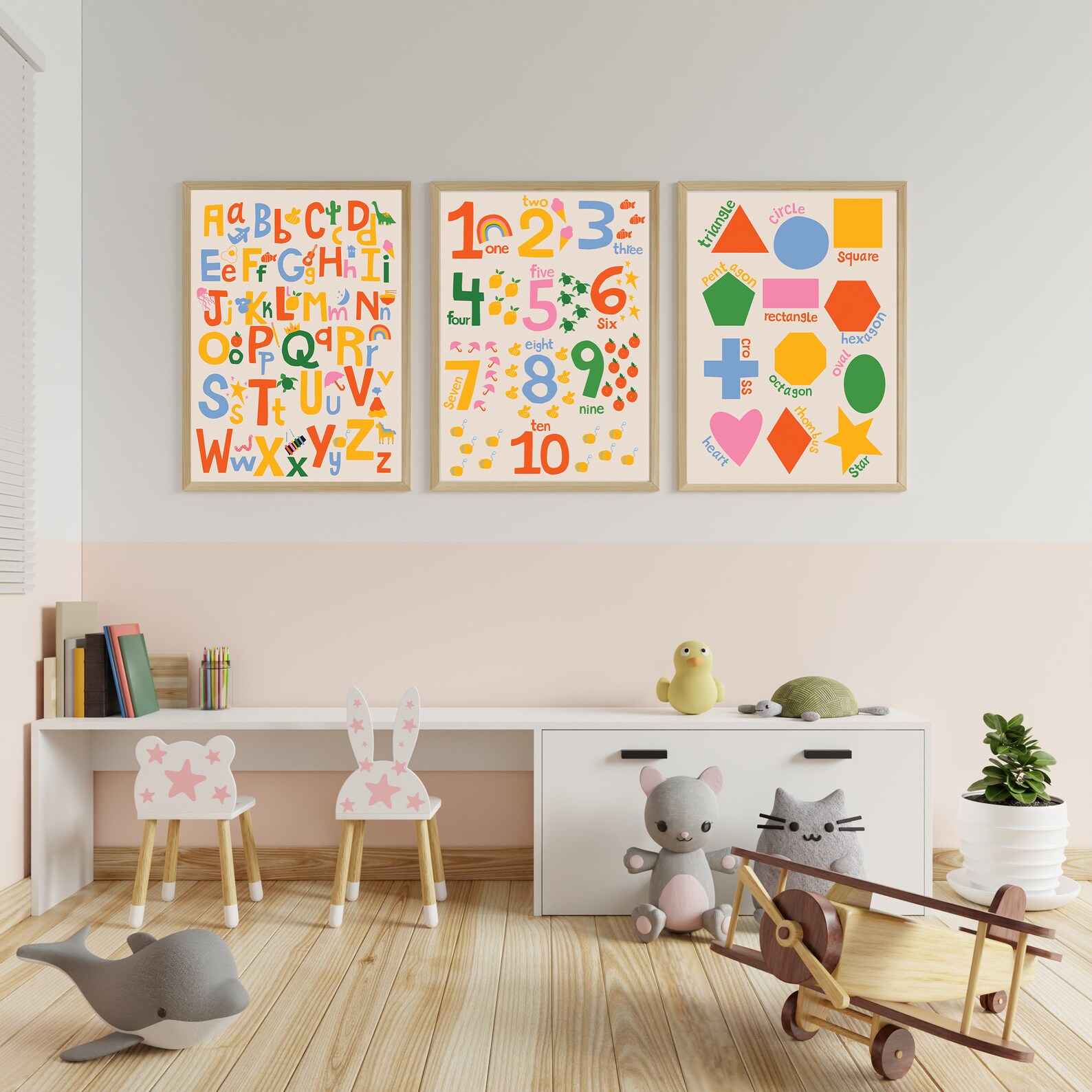 Set of 3 Educational Prints Alphabet, Numbers and Shapes Nursery Prints ...