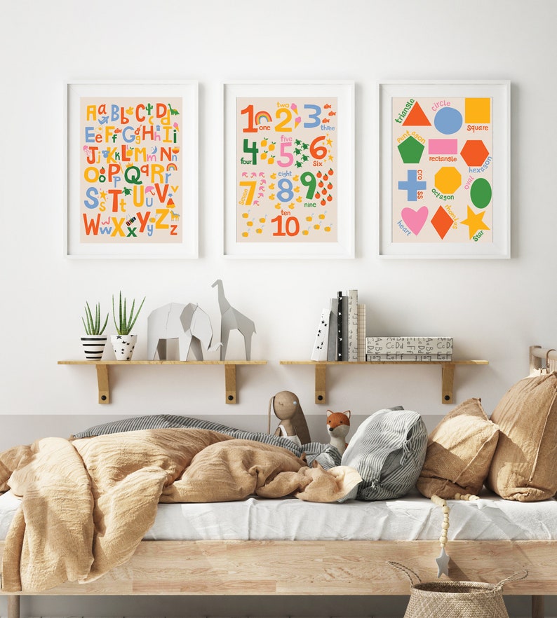 Set of 3 Educational Prints Alphabet, Numbers and Shapes Nursery Prints ...