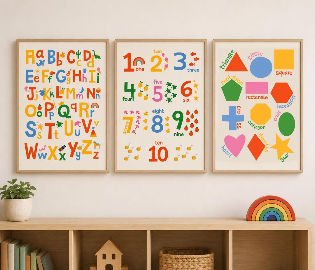 Educational Kids Poster Bundle | Alphabet Numbers & Shapes Prints | ABC ...