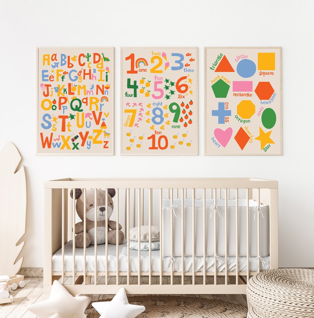Set of 3 Educational Prints • Alphabet, Numbers and Shapes Nursery ...