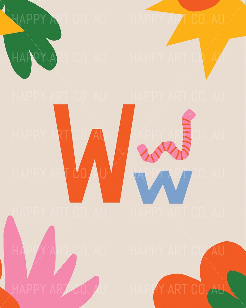 Letter W Worm Print: Colorful Kids Nursery Wall Art (digital Download ...