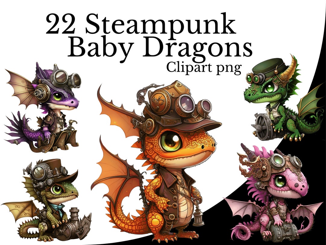 Steampunk Baby Dragon Clipart Bundle, Watercolor Art, Cute Dragon PNG ...