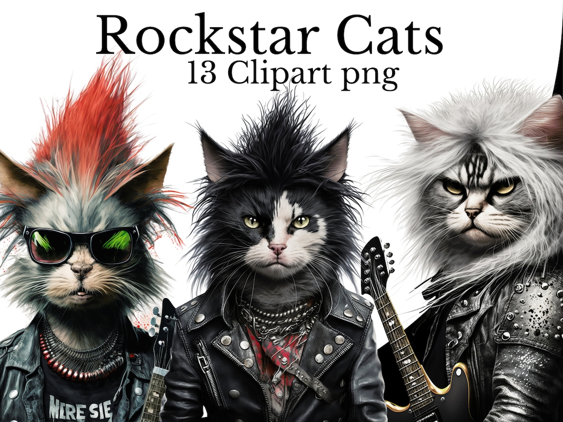 Rockstar Cat Clipart Bundle Watercolor Art Human Animal PNG - Etsy