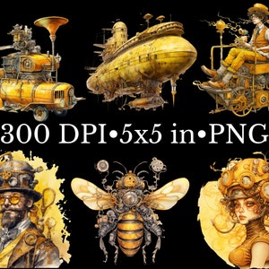 Honey Yellow Steampunk Clipart Bundle, Gold Steampunk Watercolor Art ...
