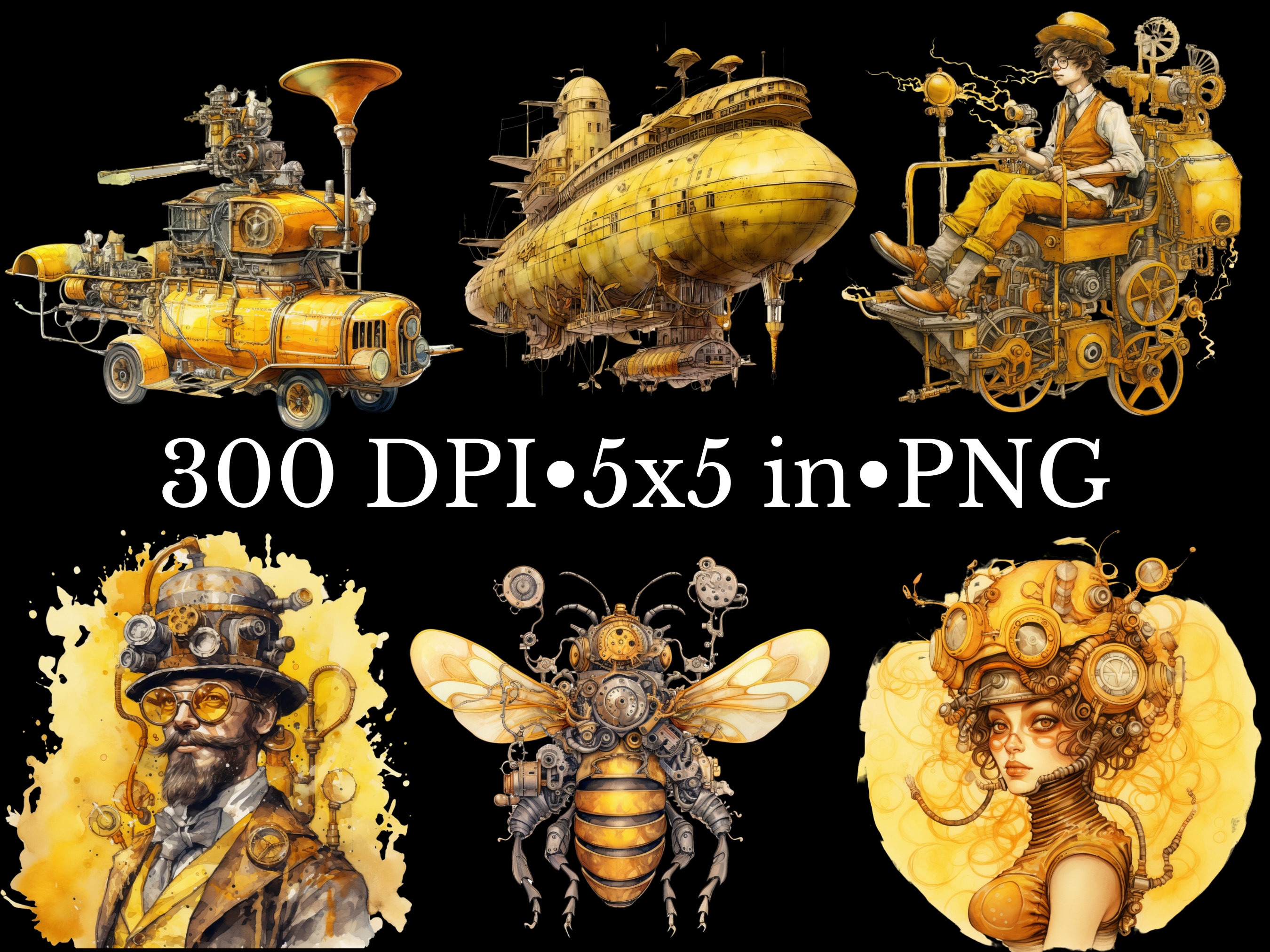 Honey Yellow Steampunk Clipart Bundle, Gold Steampunk Watercolor Art ...