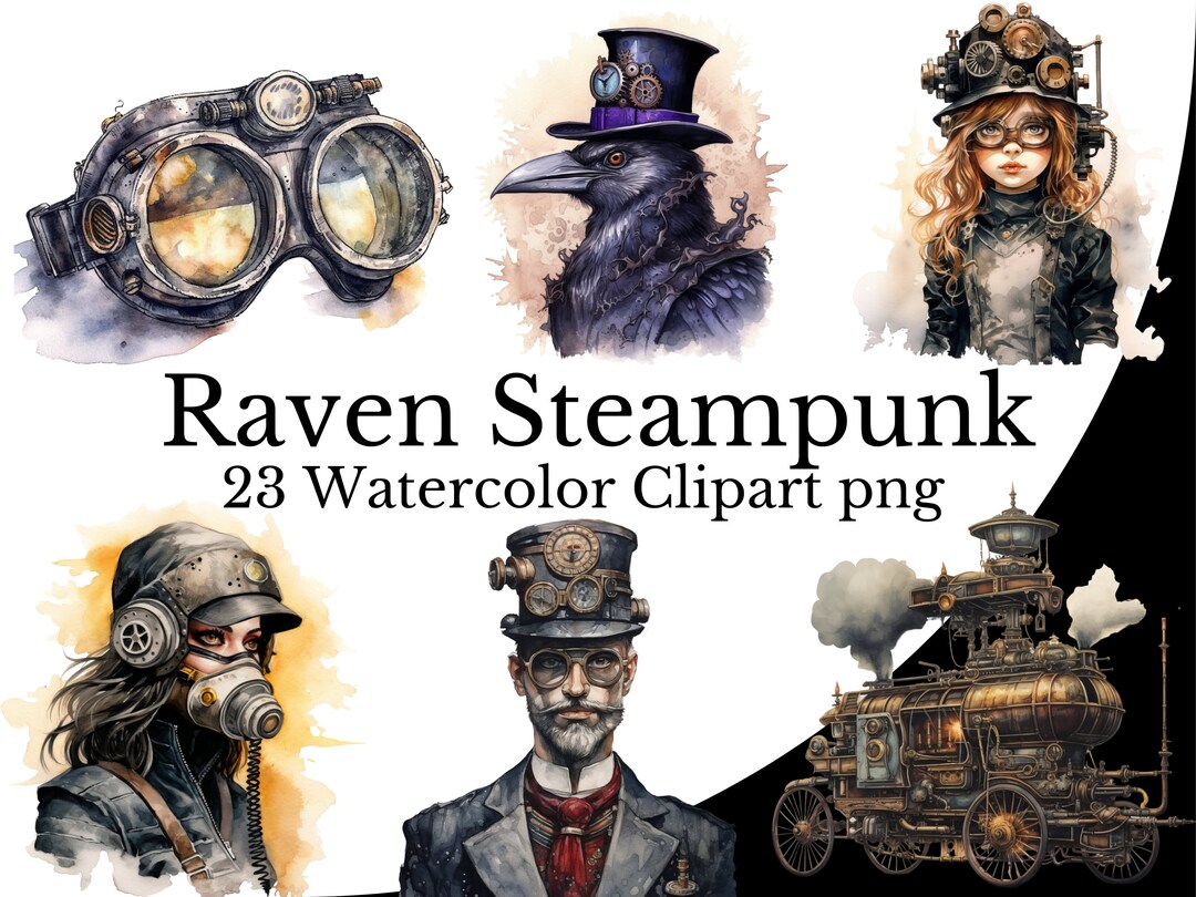 Raven Black Steampunk Clipart Bundle, Steampunk Watercolor Art Digital ...