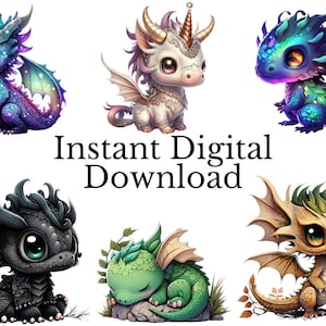 Baby Dragon Clipart Bundle, Watercolor Art, Fantasy Cute Dragon PNG ...