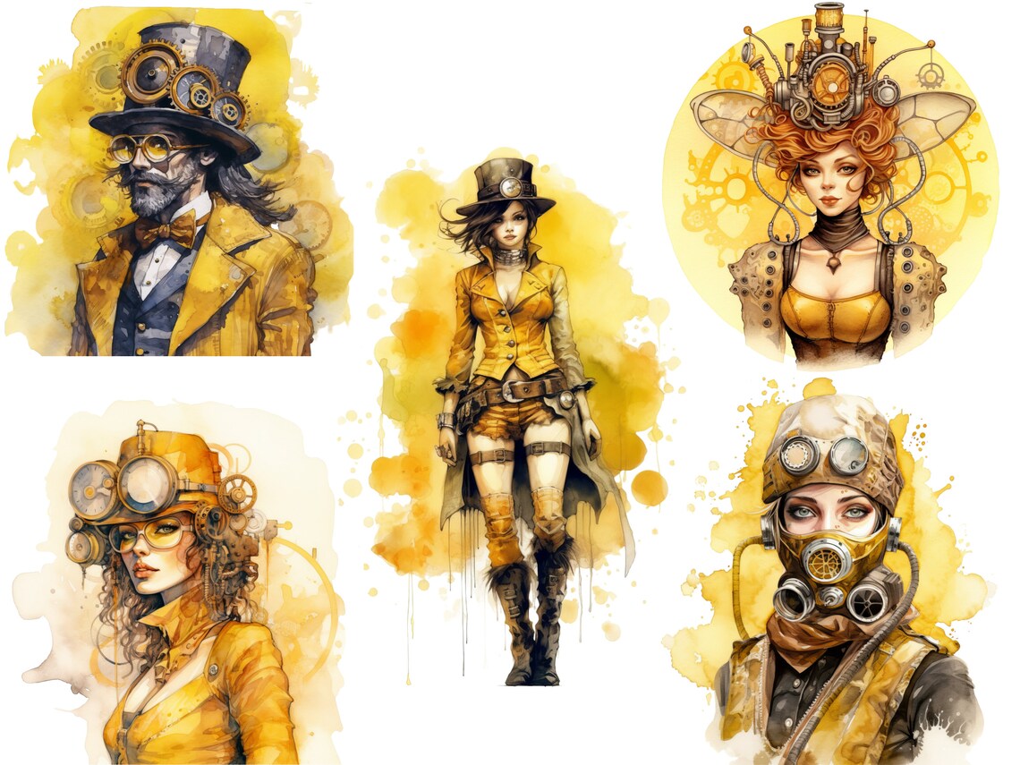 Honey Yellow Steampunk Clipart Bundle, Gold Steampunk Watercolor Art ...