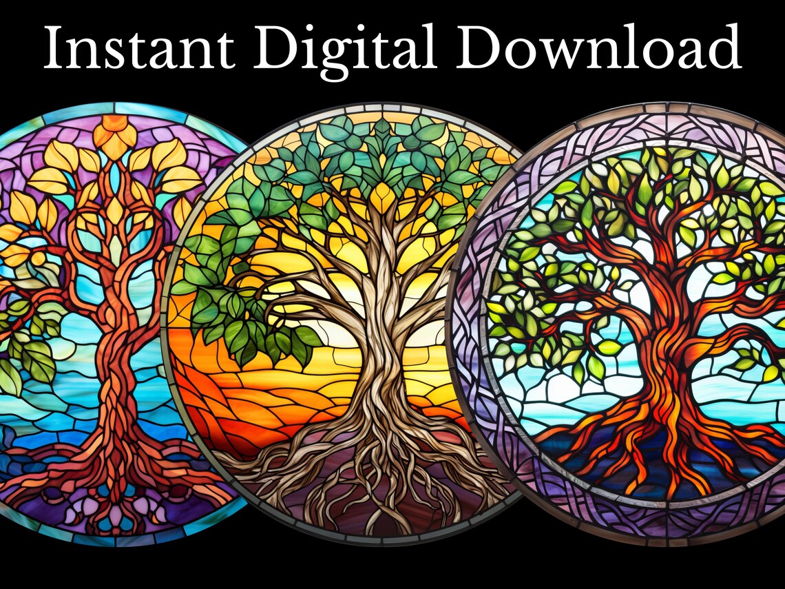Tree of Life Stained Glass Style Clipart Bundle, Watercolor PNG, Tree ...
