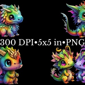Baby Rainbow Dragon Clipart Bundle, Watercolor Art, Fantasy Cute Dragon ...