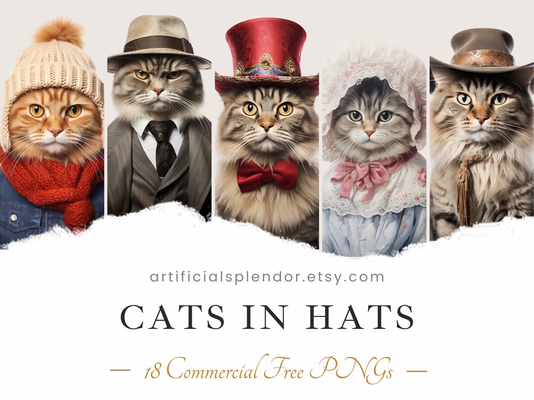 Cat Clipart Bundle PNG Cat in Hat Watercolor Art Animal PNG Cat Wearing ...