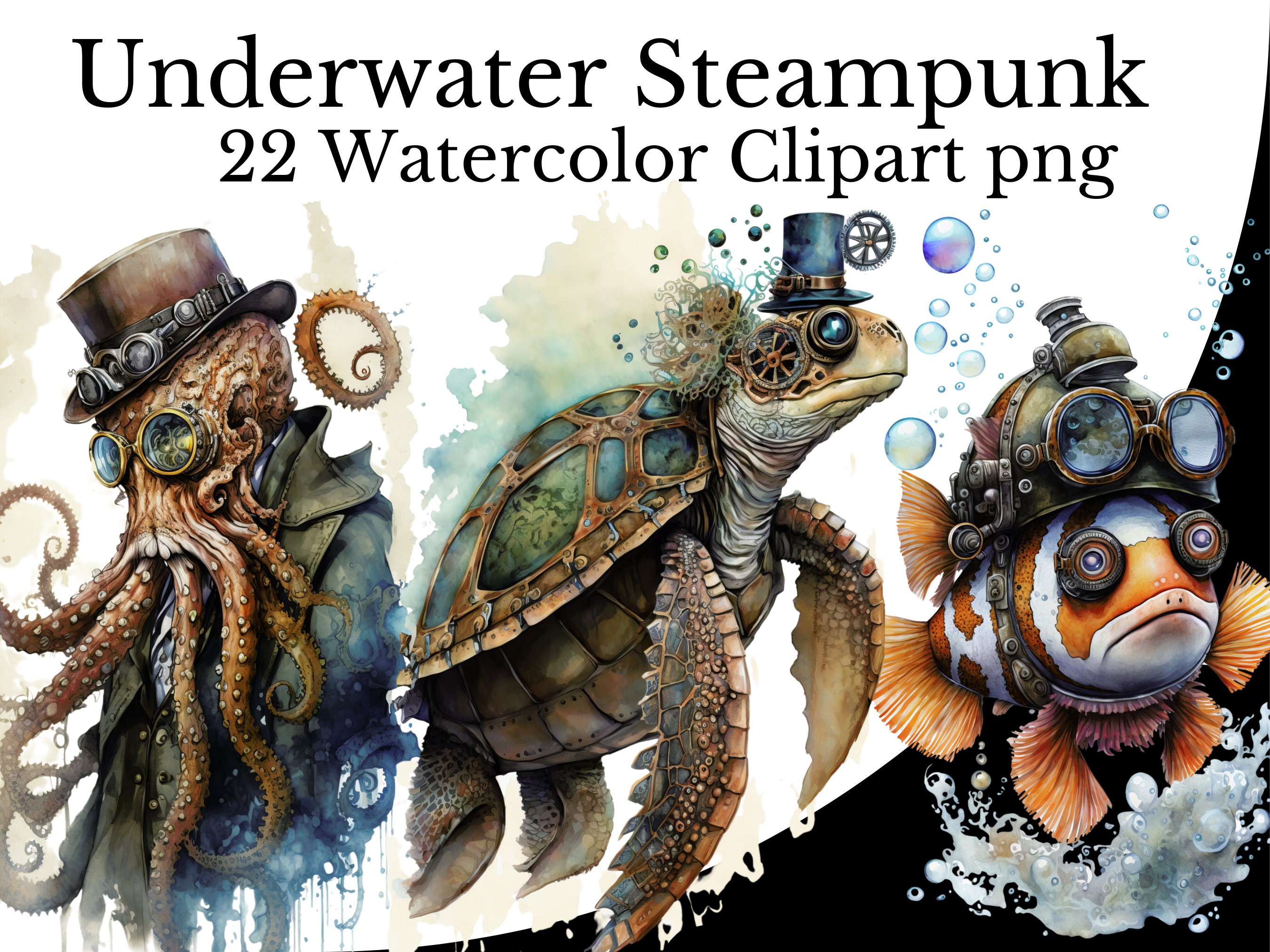 Underwater Steampunk Clipart Bundle, Watercolor Art, Animal PNG ...