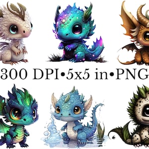 Baby Dragon Clipart Bundle, Watercolor Art, Fantasy Cute Dragon PNG ...