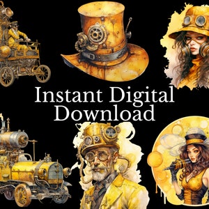 Honey Yellow Steampunk Clipart Bundle, Gold Steampunk Watercolor Art ...