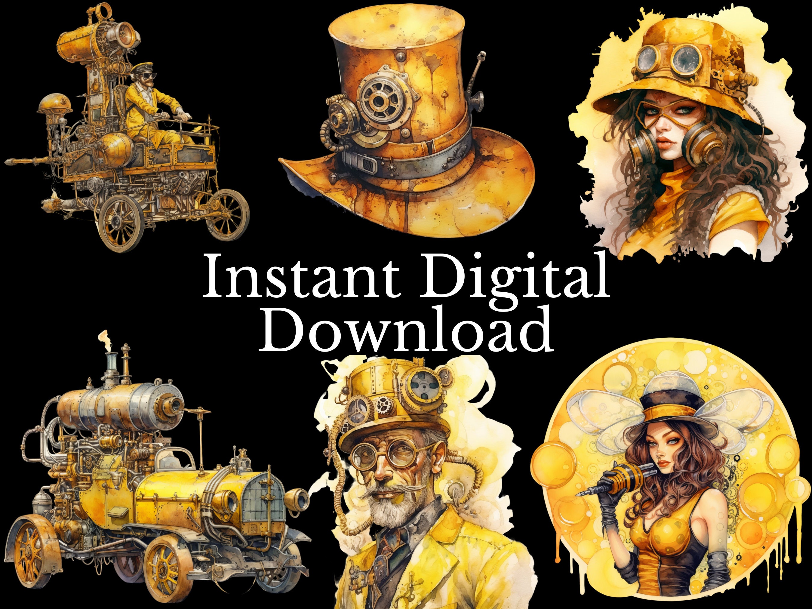 Honey Yellow Steampunk Clipart Bundle, Gold Steampunk Watercolor Art ...
