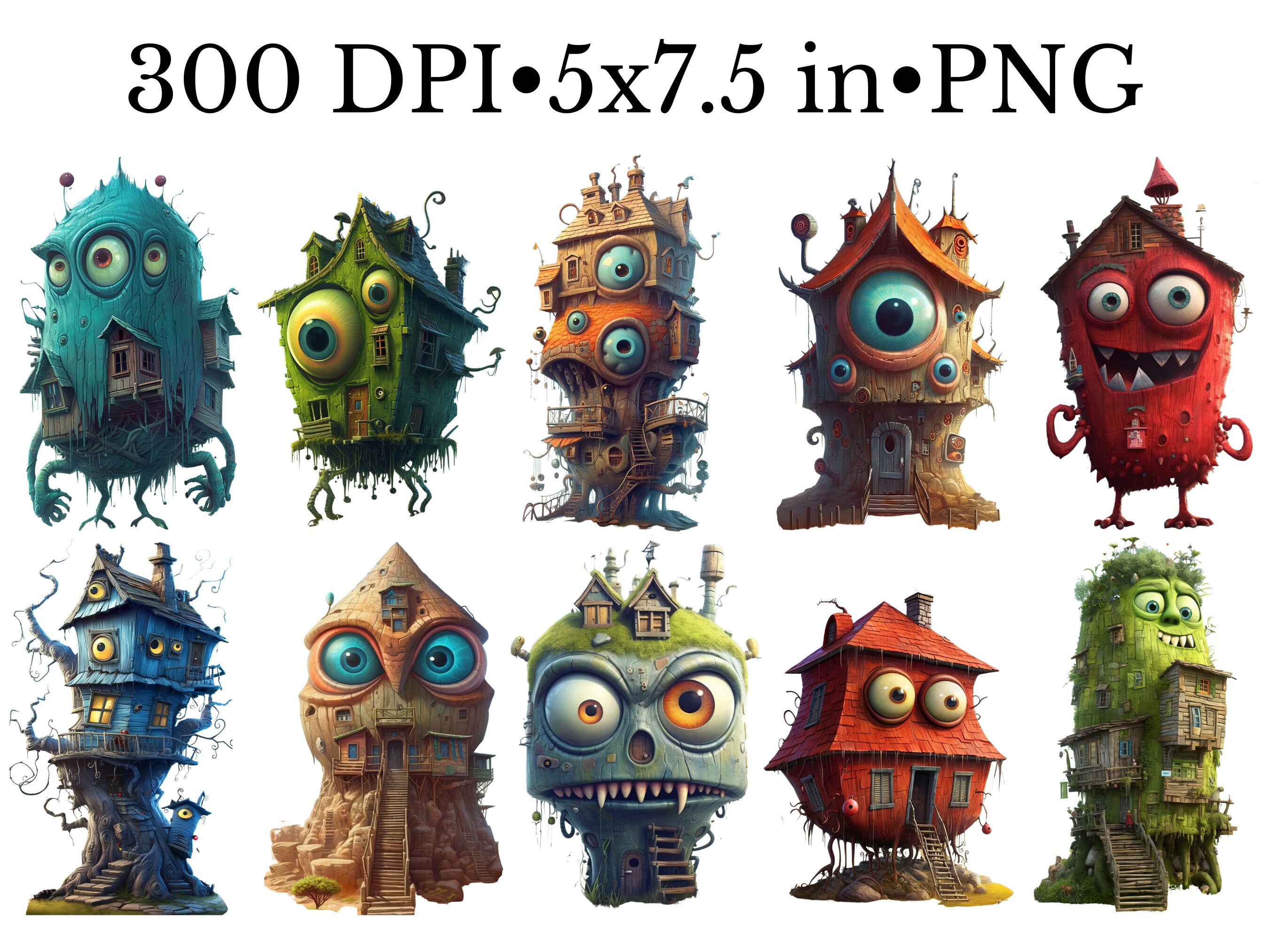Monster Houses Clipart Bundle, Digital CGI Watercolor Art, Haunted ...
