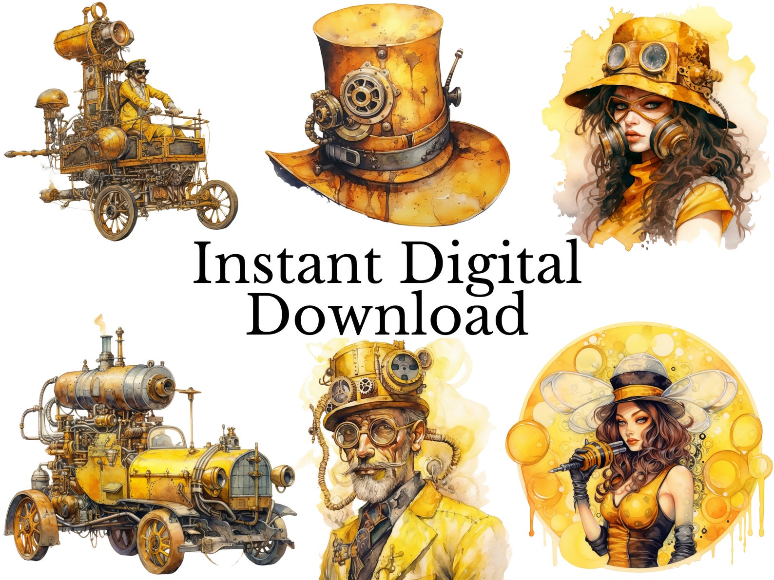 Honey Yellow Steampunk Clipart Bundle, Gold Steampunk Watercolor Art ...