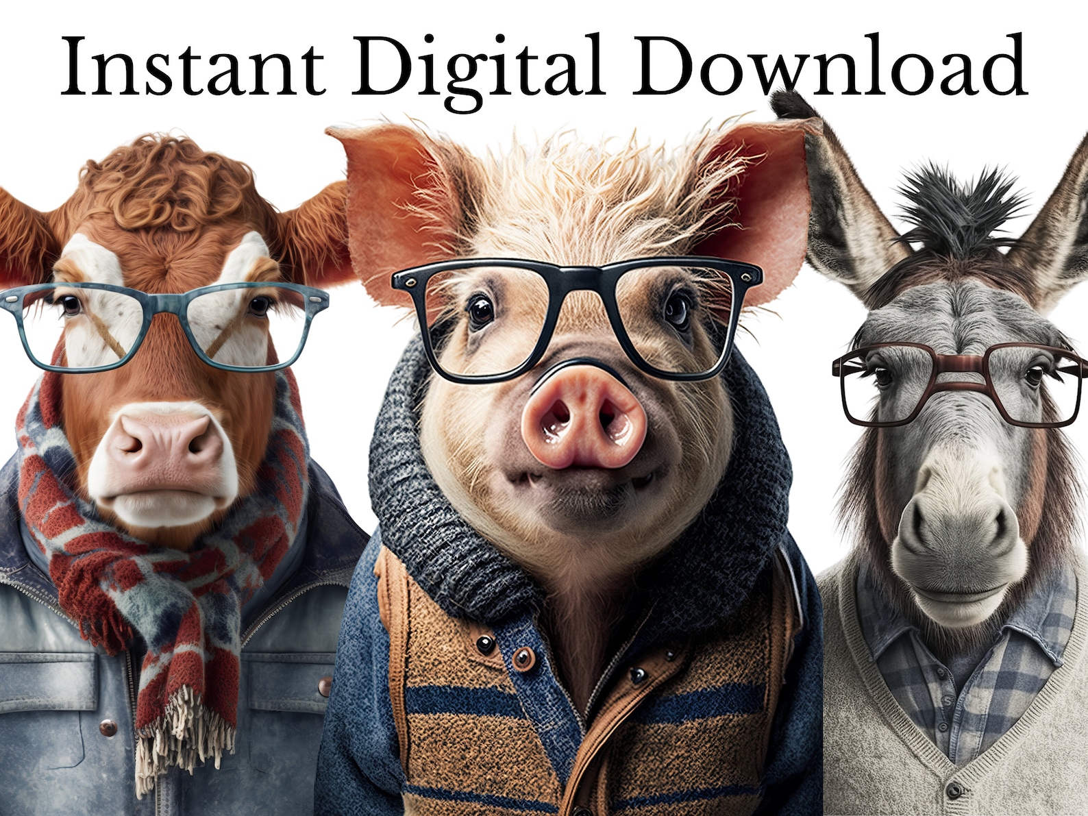 Hipster Farm Animal Clipart Bundle, Watercolor Art, Human Chicken PNG ...