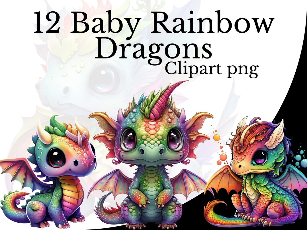 Baby Rainbow Dragon Clipart Bundle, Watercolor Art, Fantasy Cute Dragon ...