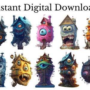 Monster Houses Clipart Bundle, Digital CGI Watercolor Art, Haunted ...