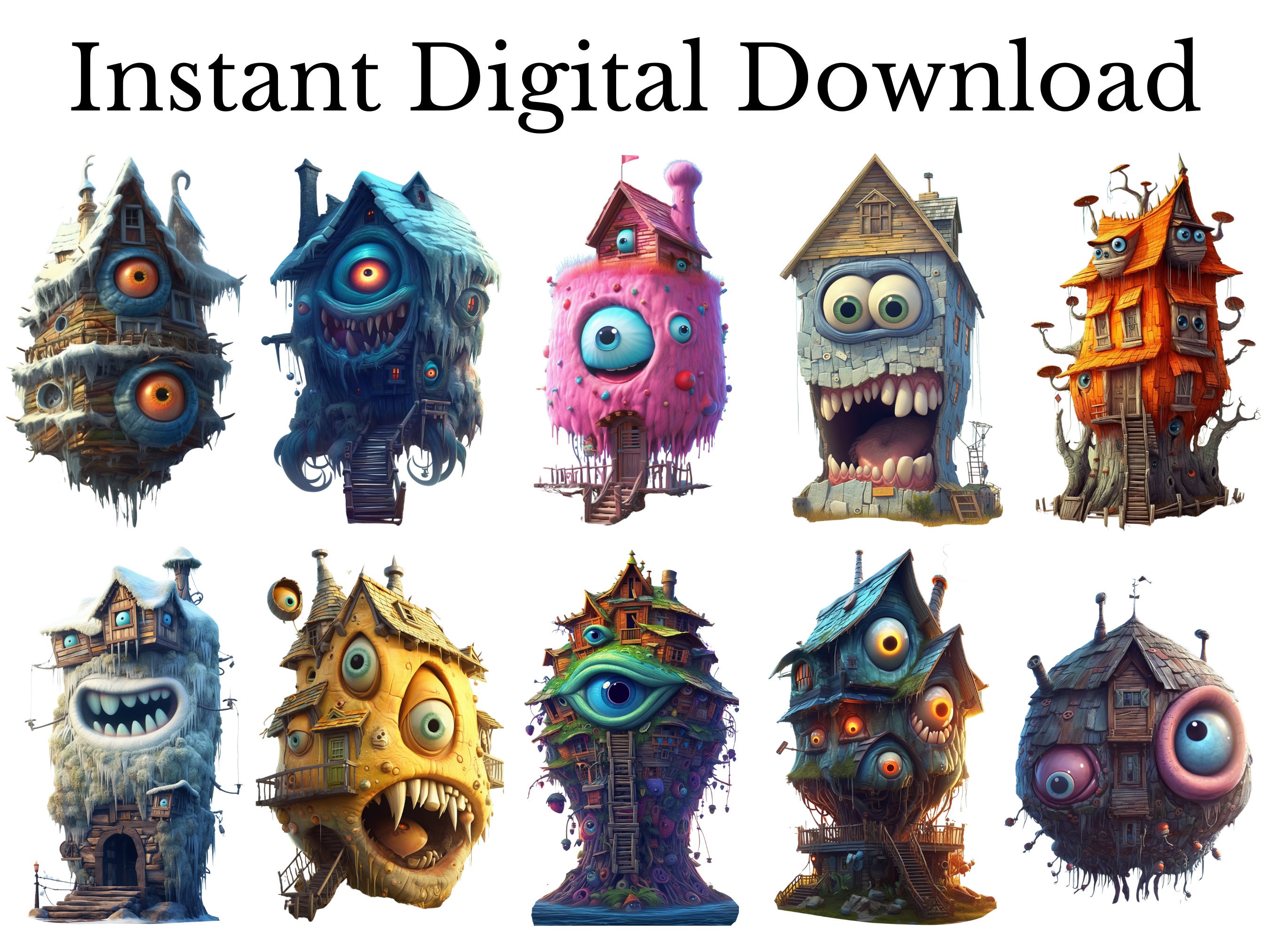 Monster Houses Clipart Bundle Digital CGI Watercolor Art - Etsy UK