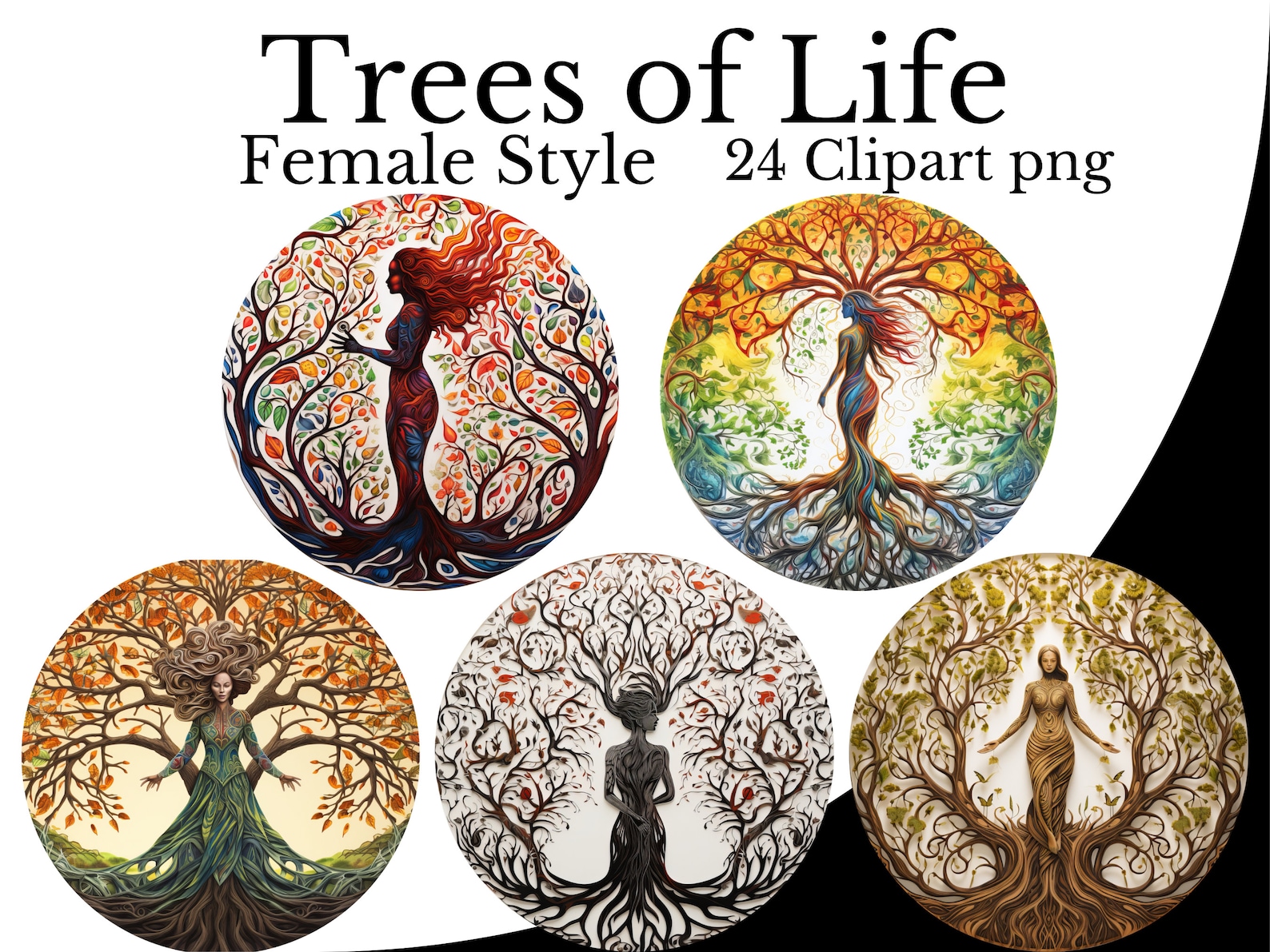 Tree of Life Female Style Clipart Bundle, Watercolor PNG, Girl Tree of ...