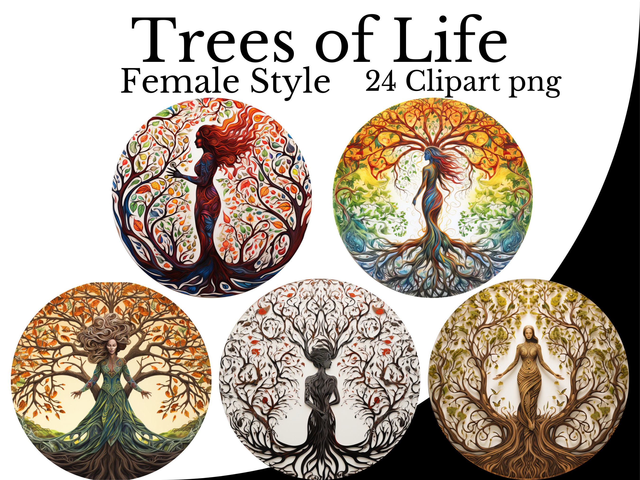 Tree of Life Female Style Clipart Bundle, Watercolor PNG, Girl Tree of Life Art, Womanhood ...