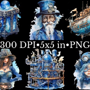 Crystal Blue Steampunk Clipart Bundle, Steampunk Watercolor Art Digital ...