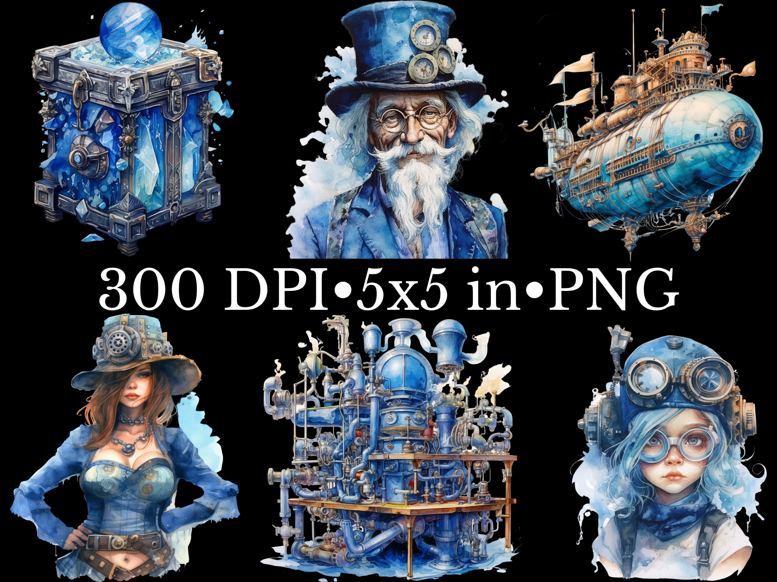 Crystal Blue Steampunk Clipart Bundle Steampunk Watercolor - Etsy