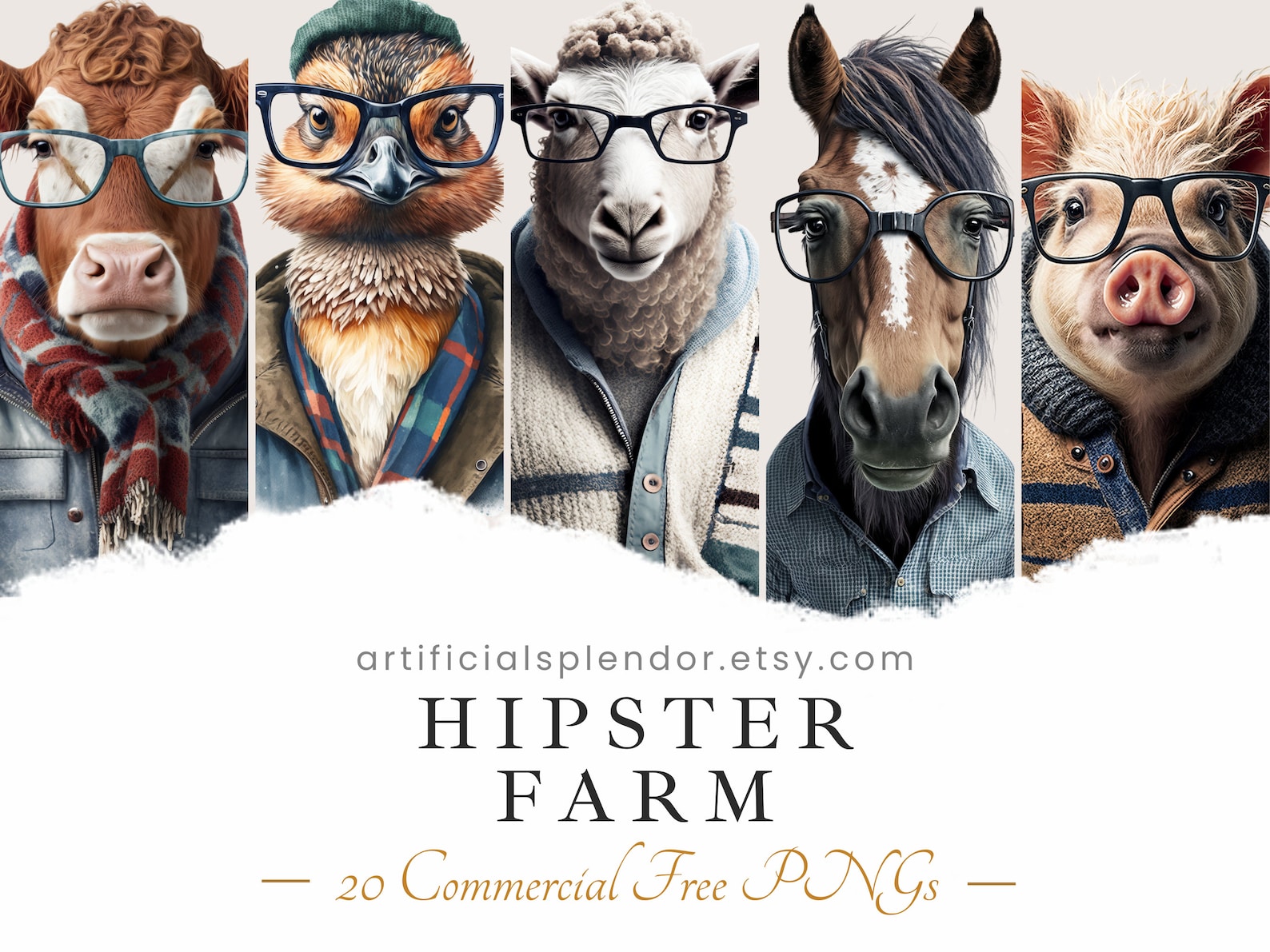 Hipster Farm Animal Clipart Bundle, Watercolor Art, Human Chicken PNG ...