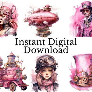 Bubblegum Pink Steampunk Clipart Bundle, Steampunk Watercolor Art ...