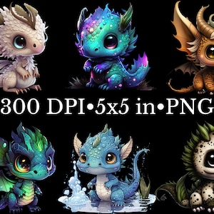 Baby Dragon Clipart Bundle, Watercolor Art, Fantasy Cute Dragon PNG ...