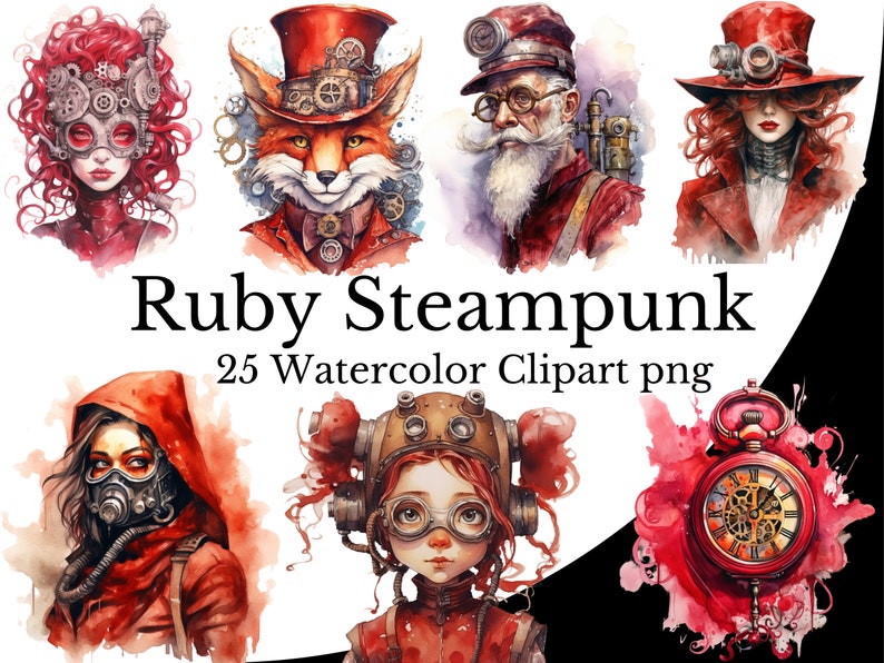 Ruby Red Steampunk Clipart Bundle, Steampunk Watercolor Art Digital ...