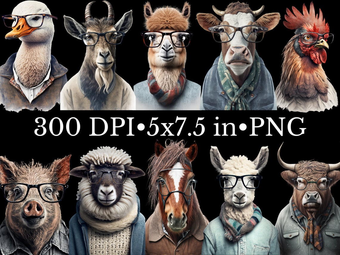 Hipster Farm Animal Clipart Bundle Watercolor Art Human - Etsy