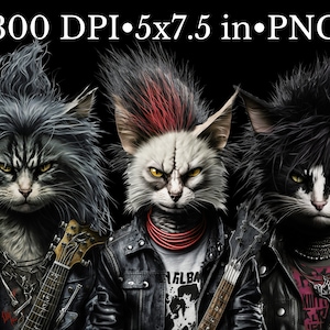 Rockstar Cat Clipart Bundle, Watercolor Art, Human Animal PNG, Digital ...