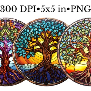 Tree of Life Stained Glass Style Clipart Bundle, Watercolor PNG, Tree ...