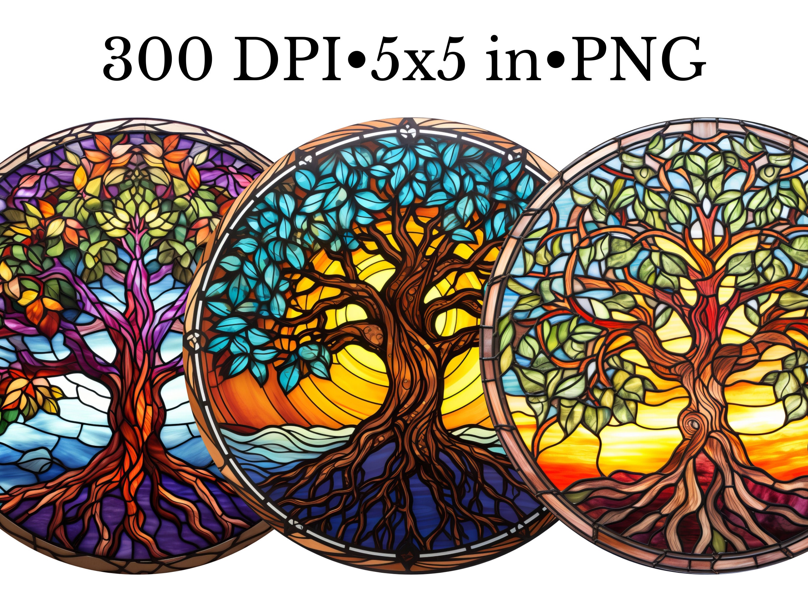 Tree of Life Stained Glass Style Clipart Bundle, Watercolor PNG, Tree ...