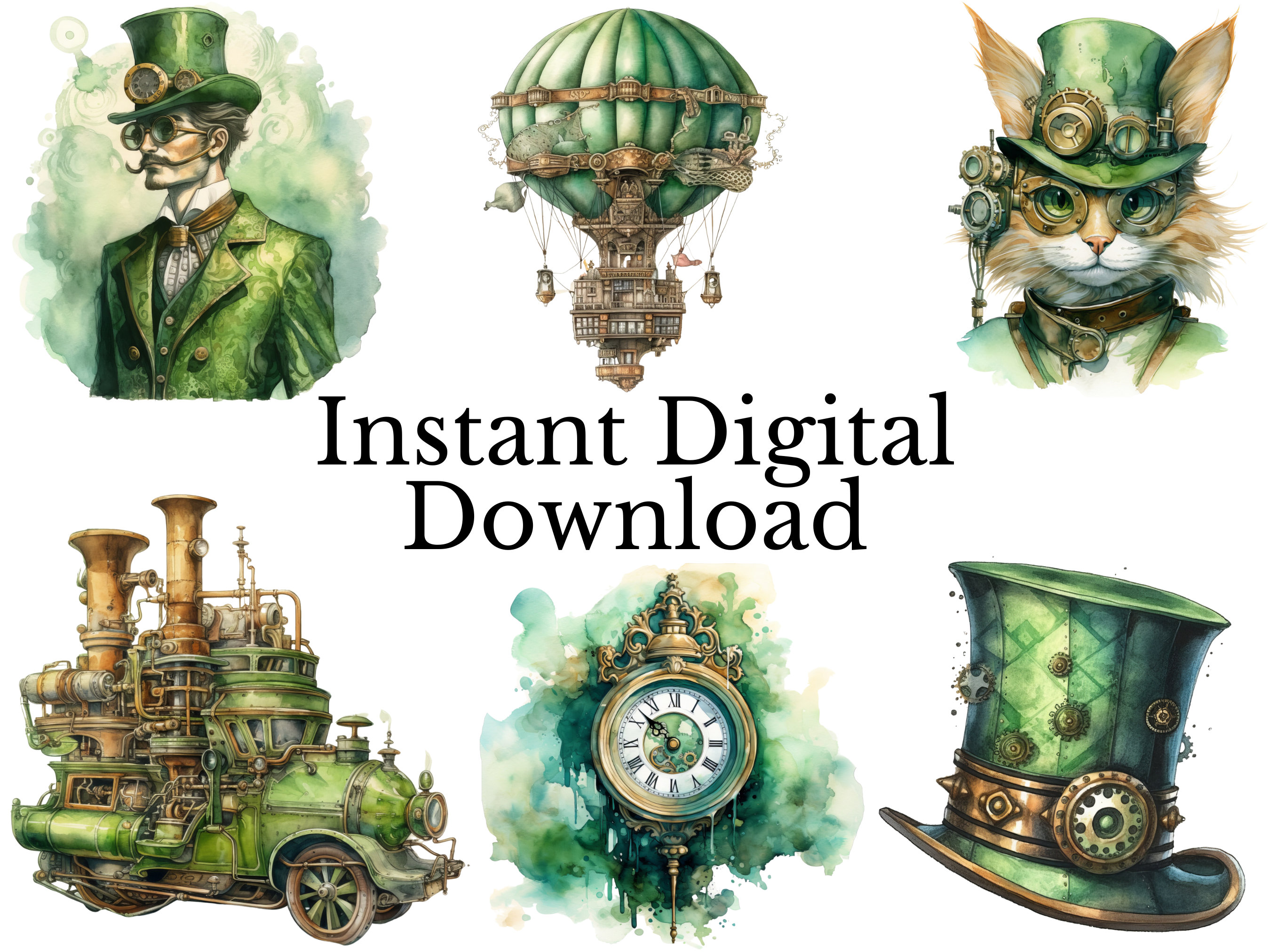 Emerald Green Steampunk Clipart Bundle, Steampunk Watercolor Art ...